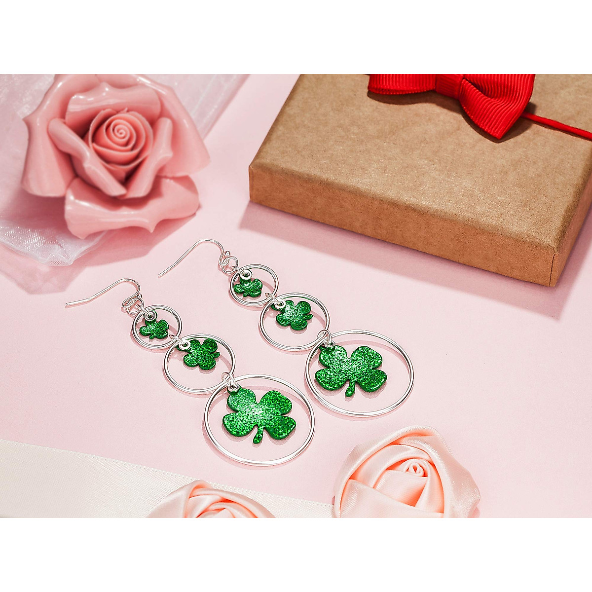 RareLove Silver Plated Interlocking Circle Shamrock Piercing Dangle Earrings Alloy St Patrick's Day Gift For Women