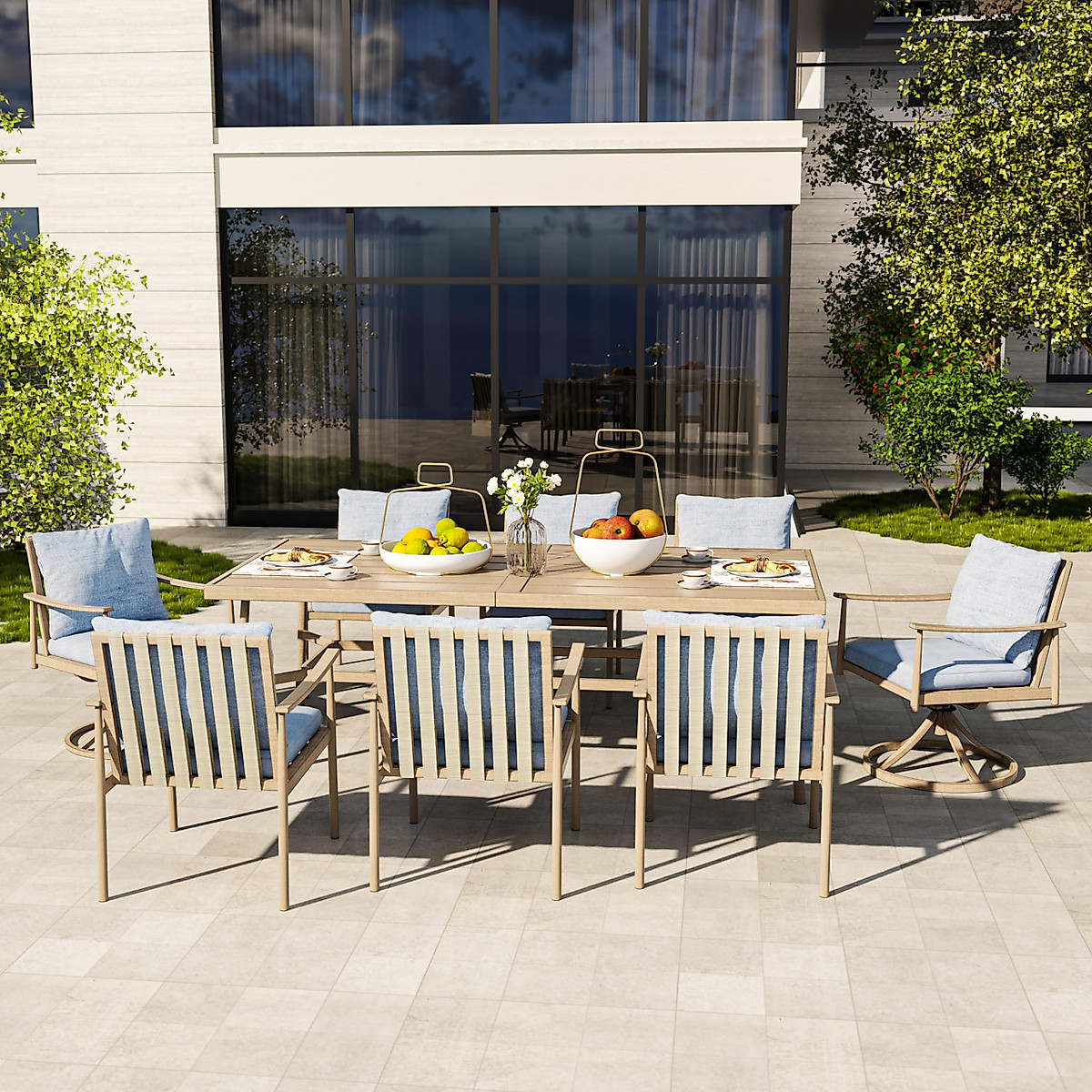 HAPPATIO 9-Piece Patio Table and Chairs Set for 8, Aluminum Outdoor Dining Set with Cushions, 6 Dining Chairs and 2 Swivel Dining Chairs, 1 Large Rectangular Table with Umbrella Hole, Brown