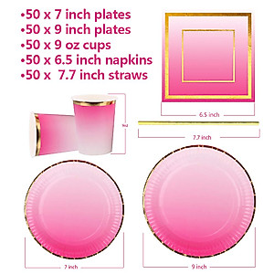 Ottin Ombre Rainbow Hot Pink Party Supplies 50-counts Disposable Paper Plates and Napkins Set for Birthday Wedding Bridal Baby Shower Engagement Mother's Day