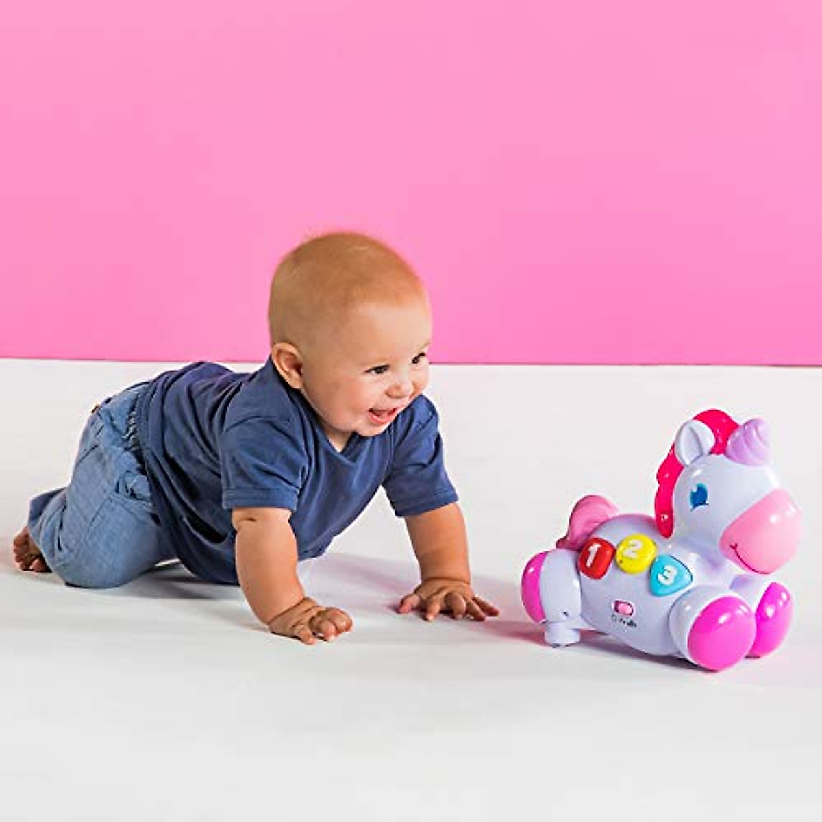Bright Starts Rock & Glow Unicorn Crawling Baby Toy with Lights and Melodies, Age 6 Months +, Pink