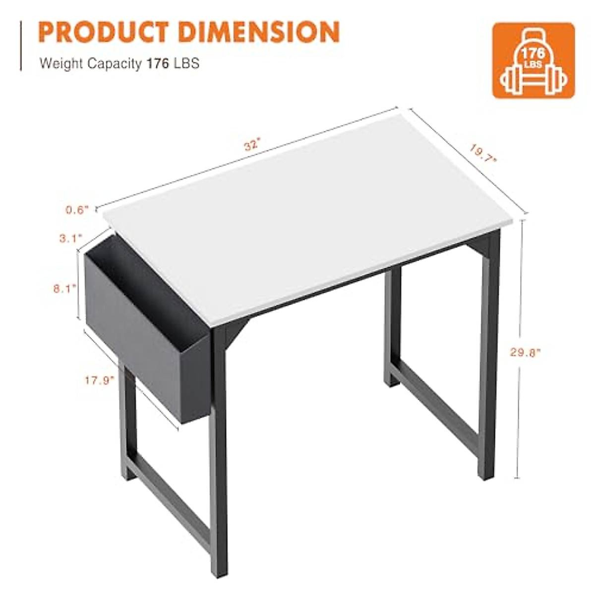 Sweetcrispy Small Computer Office Desk 32 Inch Kids Student Study Writing Work with Storage Bag & Headphone Hooks Modern Simple Home Bedroom PC Table