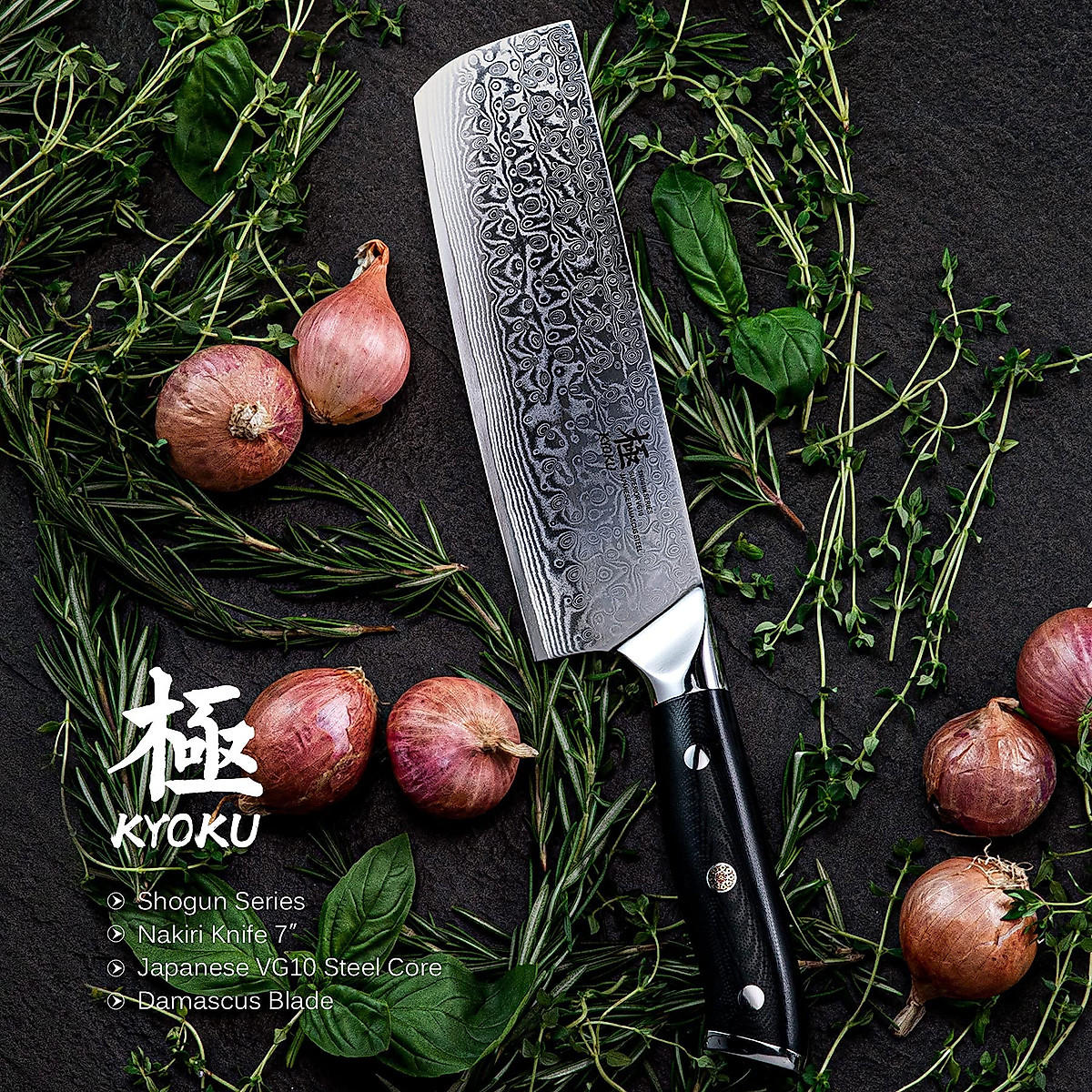 KYOKU 7" Nakiri Knife + 8'' Serrated Bread Knife - Shogun Series - Japanese VG10 Steel Core Forged Damascus Blade