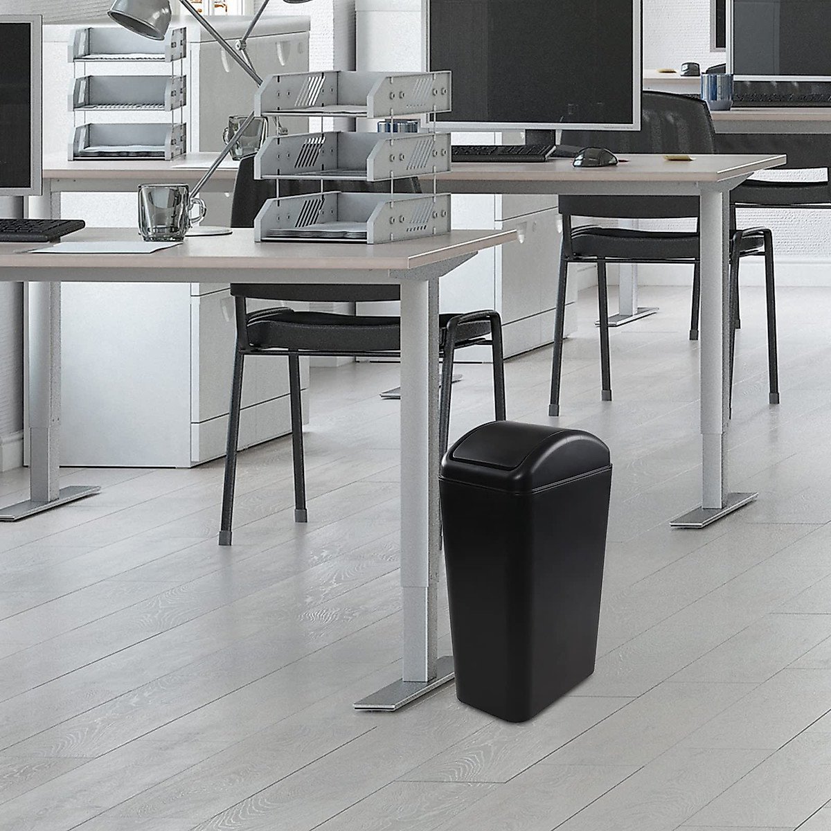 Vababa 3 Gallon Black Plastic Swing Top Trash Can, Small Slim Garbage Bin with Swing Lid