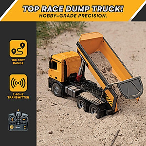 Top Race Remote Control Dump Truck Toy - 1:14 Scale Heavy-Duty Construction Vehicle with 7 lb Load Capacity, Strong Engines and Rubber Tires - RC Dump Truck for Kids - Realistic Construction Fun