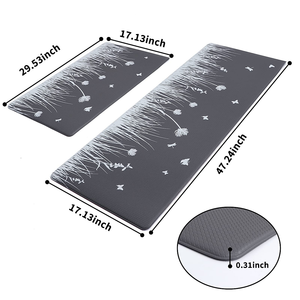 Rempry Kitchen Rugs and Mats Set of 2, Cushioned Anti Fatigue Kitchen Floor Mat, Non Slip Waterproof Kitchen Rug Set Comfort Standing Mats 17"x47"+17"x29" (Grey)