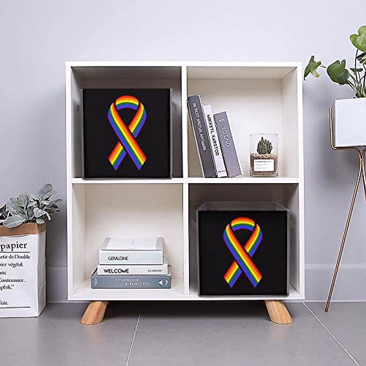 Gay Pride LGBT Awareness Ribbon Collapsible Storage Bins Basics Folding Fabric Storage Cubes Organizer Boxes with Handles