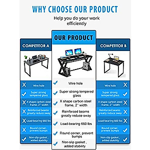 NA Tempered Glass Computer Desk with X-Shaped Metal Frame, Fashion Modern Design Writing and Study Desk, Work Desk for Home Office (55.1 inch)