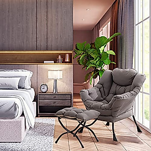 LITA Modern Lazy Chair with Ottoman, Accent Contemporary Lounge Chair Single Leisure Upholstered Sofa Chair Set with Armrests and a Side Pocket, Reading Chair for Living Room & Bedroom, Dark Grey