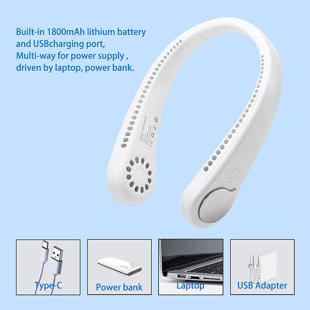 ASZKJ Neck Fan, Portable Neck Fan Rechargeable Headphone Design 3 Speeds Personal Wearable Neck Fant for Home, Office, Travel, Sport, Outdoor