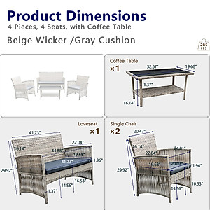 FULLJOJOR 4 Piece Patio Furniture Set, Rattan Chairs with Coffee Table, Wicker Loveseat Outdoor Furniture, Small Patio Conversation Sets for Balcony Porch Garden Pool, Beige/Gray