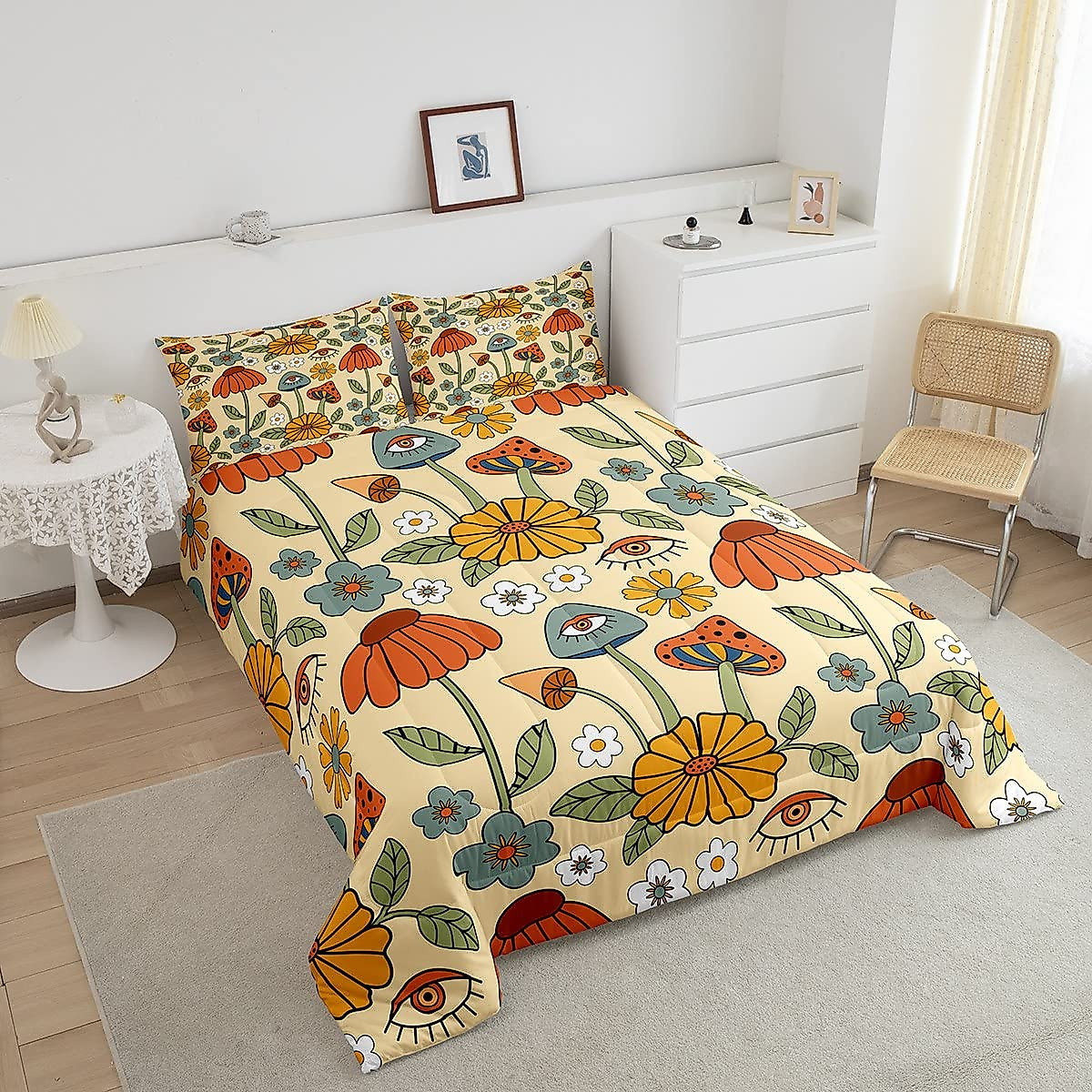 Castle Fairy Retro Flowers Comforter Set Twin Size,70s Floral Mushroom Quilt Set for Kids Boys Bedroom Collection,Art Hippie Plant Eye Print Polyester Bedding with 1 Pillowcase,2Pcs