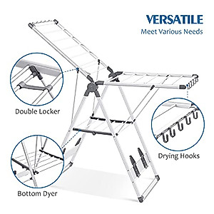 TOOLF Clothes Drying Rack, Aluminum Foldable 2-Level Drying Racks for Laundry, Large Foldable Laundry Stand with Height-Adjustable Gullwings, Sock Clips Hooks for Bed Linen, Clothing, Socks, Scarves