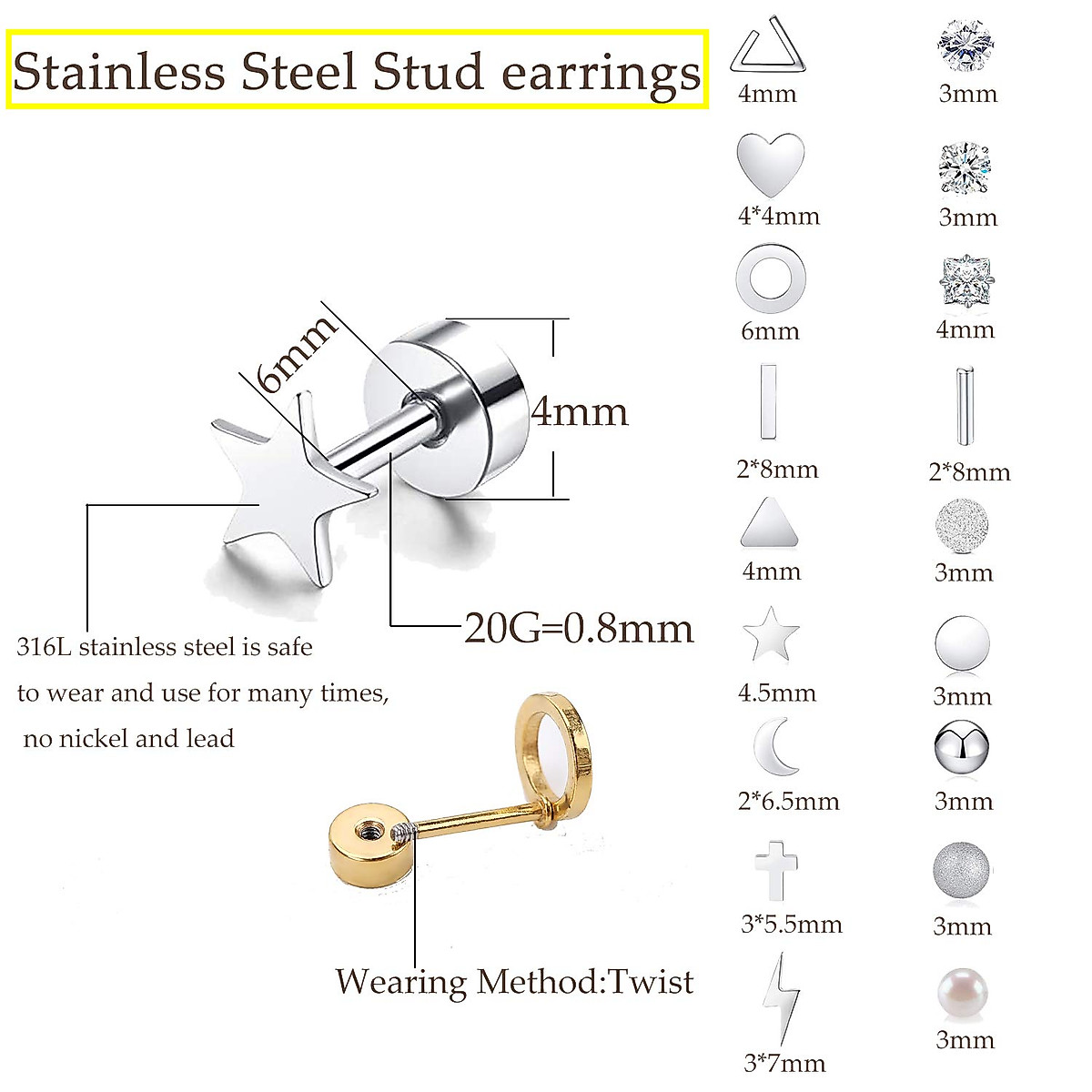 Flat Back Earrings Hypoallergenic,18 Pairs Stainless Steel Flat Back Stud Earrings for Women Men 20G Star Moon Heart Disc Ball CZ Cartilage Earrings Screw Back Flatback Earrings for Sensitive Ears