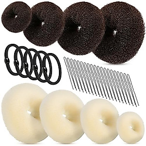 FANDAMEI Hair Donut Bun Makers Set - 4 Dark Brown & 4 Beige (2 Extra-Large, 2 Large, 2 Medium, 2 Small), 5 Elastic Bands, 20 Hair Pins
