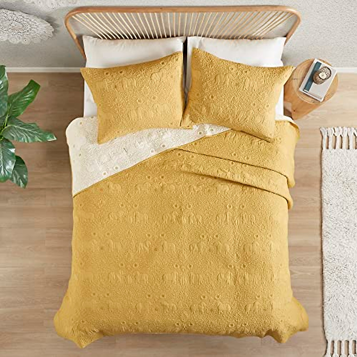 Ink+Ivy Kandula King/Cal King Size Quilt Bedding Set - Mustard Yellow , Quilted Floral, Elephants – 3 Piece Bedding Quilt Coverlets – 100% Cotton Percale Bed Quilts Quilted Coverlet