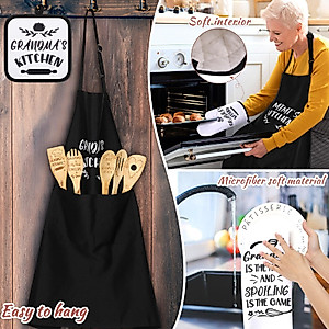Leyndo 10 Pcs Grandma Gifts Set Including Grandma Apron Grandmother Tea Towel Tea Spoon Pot Holders Oven Mitt Bamboo Kitchen Cooking Spatula for Women Baking