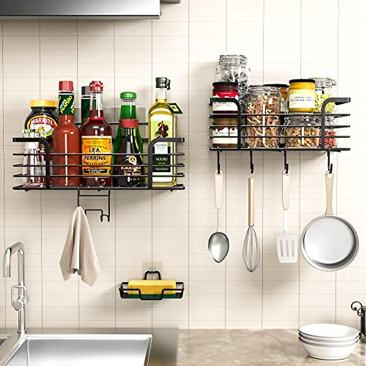 Shower Caddy Basket Shower Racks for Inside Shower Shelf with Soap Dishes and 5 Hooks, 304 Stainless Steel No Drilling Traceless Adhesive Bathroom Storage Organizer, 2 Pack, Black