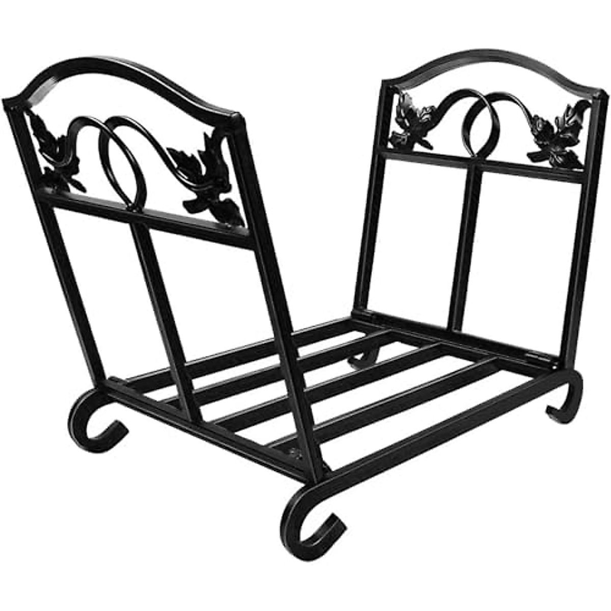 AMAGABELI GARDEN & HOME Firewood Rack Indoor Outdoor Heavy Duty Foldable Firewood Holder Wrought Iron Fireplace Log Holders with Leaves Design and Raised Arched Feet Wood Rack for Firewood Black