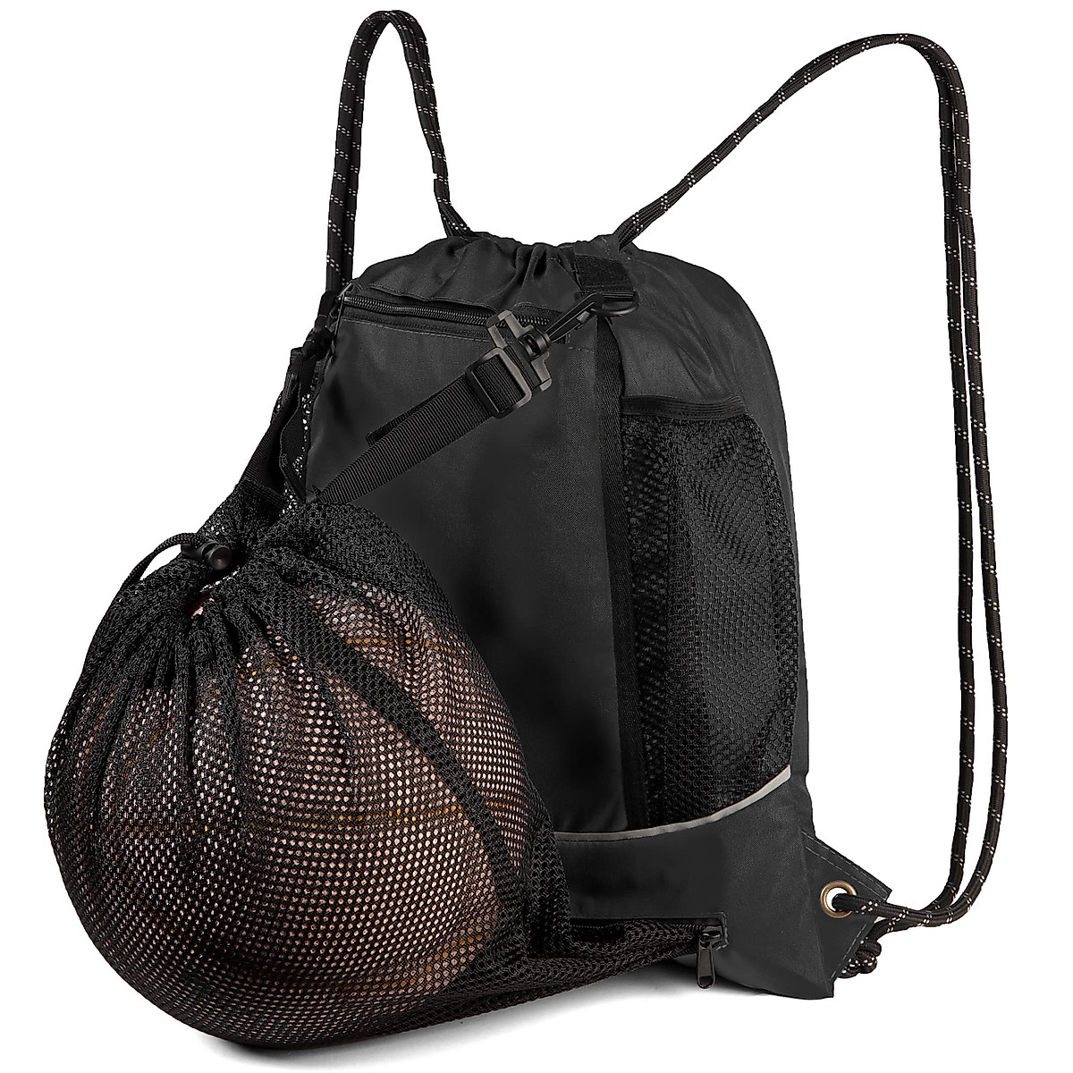 BeeGreen Black Basketball Backpack Drawstring Bag Basketball Accessories String Bag w Hidden Ball Net Gym Sports Cinch Sack w Bottle Holder & Zipper Pockets Workout Equipment Bags for Volleyball Men