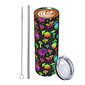 Srucddu 20oz Insulated Tumbler With Lid And Straw, 3D Print Vacuum Travel Mug, Stainless Steel Coffee Tumbler Cup, Mushroom Tumbler for Women, Girl Gifts