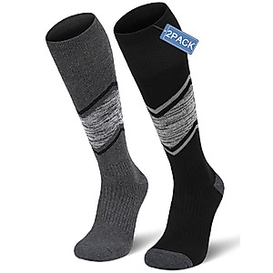 FITRELL 2 Pack Men's and Women's Ski Socks Full Cushioned Winter Merino Wool Thermal Knee High Warm Boot Socks for Skiing Snowboarding, Black+Grey, X-Large