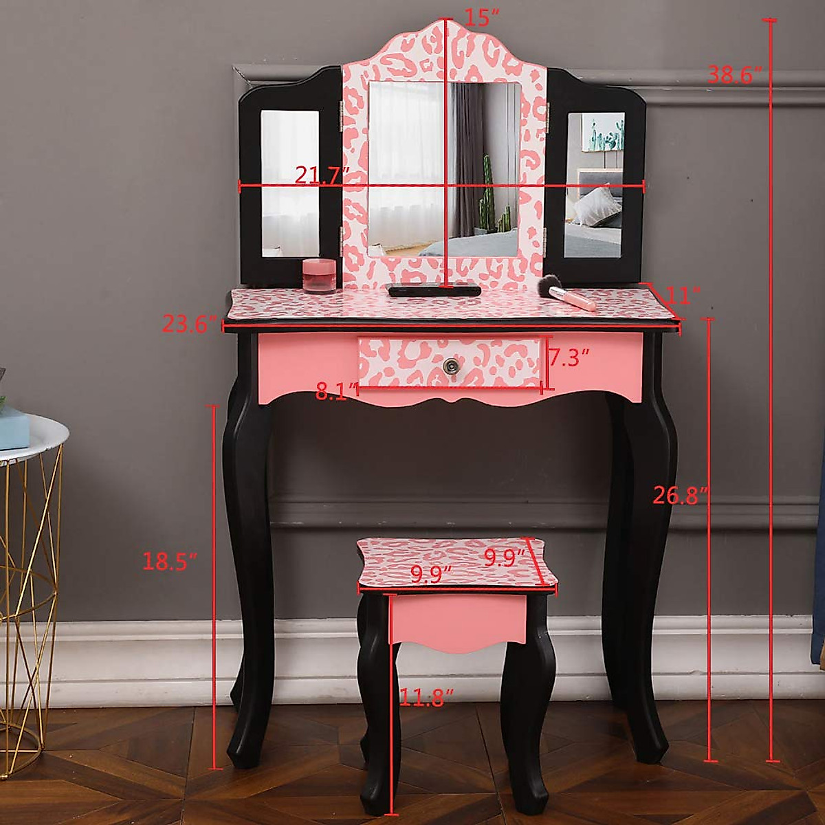 Guangshuohui Vanity Set with Mirror and Stool for Girls, Makeup Dressing Table with Drawer, Make Up Vanity Desk Princess Vanity Table for Girls (Red Leopard Print)