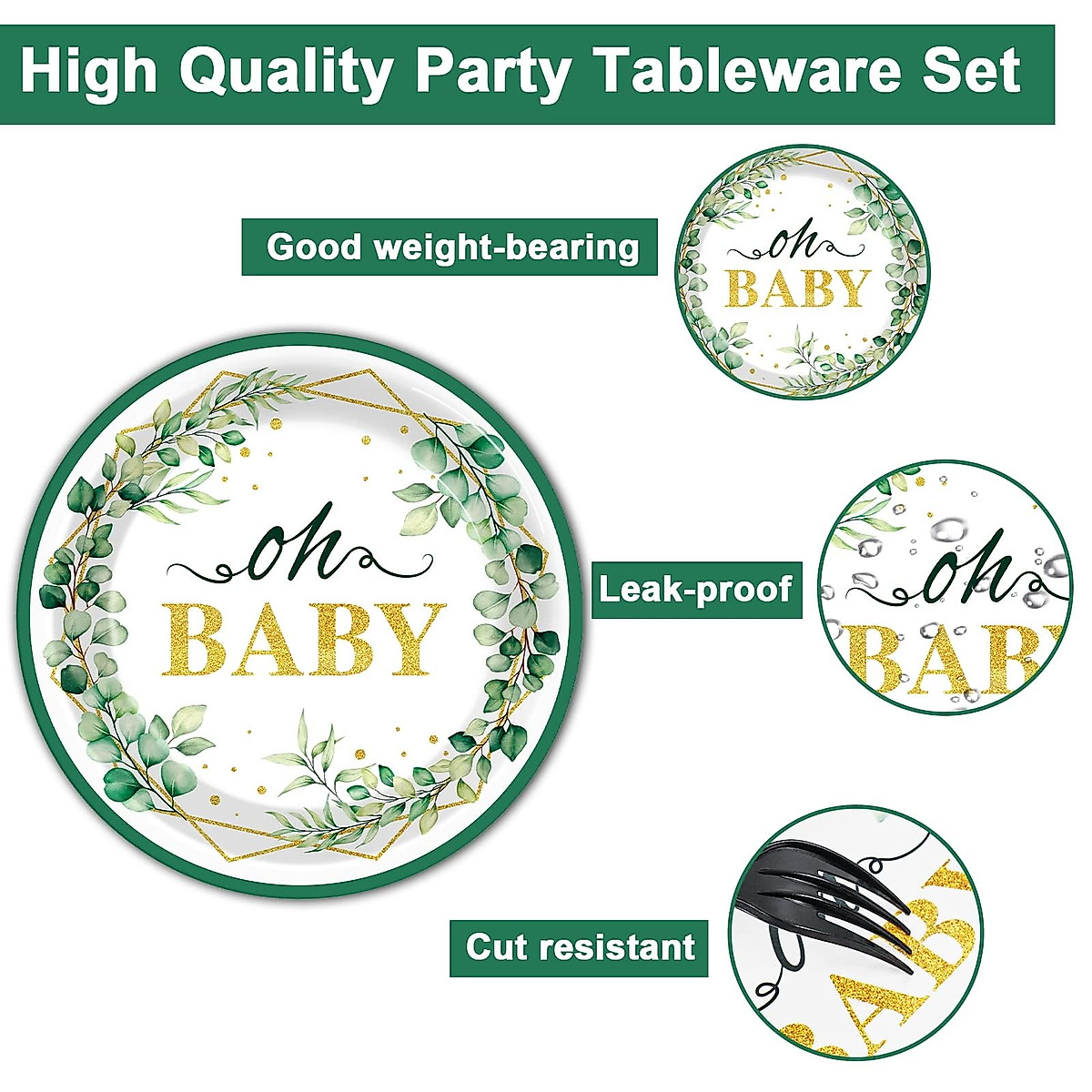 ZOIIWA 48 Pcs Oh Baby Eucalyptus Plates Baby Shower Party Supplies Sage Greenery Dessert Plates Greenery Disposable Paper Plates for Boys or Girls Gender Reveal Baby Shower Party Decorations Favors