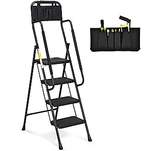 HBTower 4 Step Ladder with Handrails, Folding Step Stool with Attachable Tool Bag & Anti-Slip Wide Pedal for Home Kitchen Pantry Office, 330lbs Capacity Black