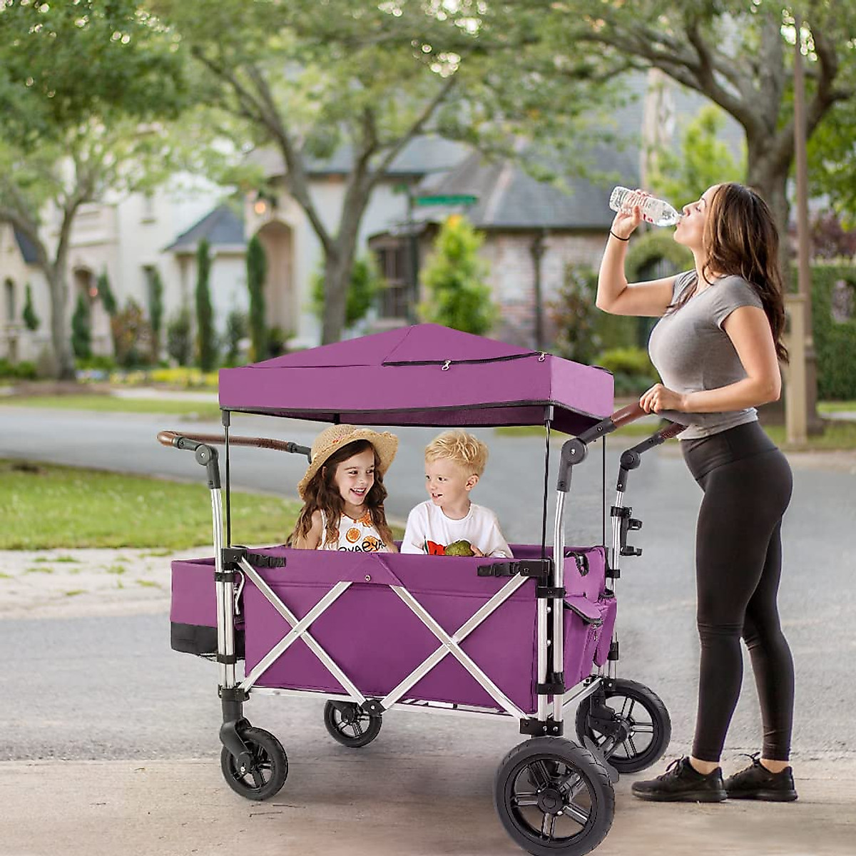 Unichart Push Wagon Stroller 2 Passenger Flodable Baby Stroller with Adjustable Handle Bars, Rain Cover, Carrying Bags & Basket, Double Seats with 5-Point Harness(Large, Purple)