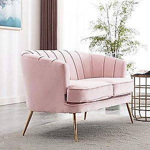 Artechworks Contemporary Velvet Loveseat Chair with Gold-Finished Metal Legs, 2-Seat Sofa for Living Room, Bedroom, Home Office, Apartment,Small Spaces, Light Pink