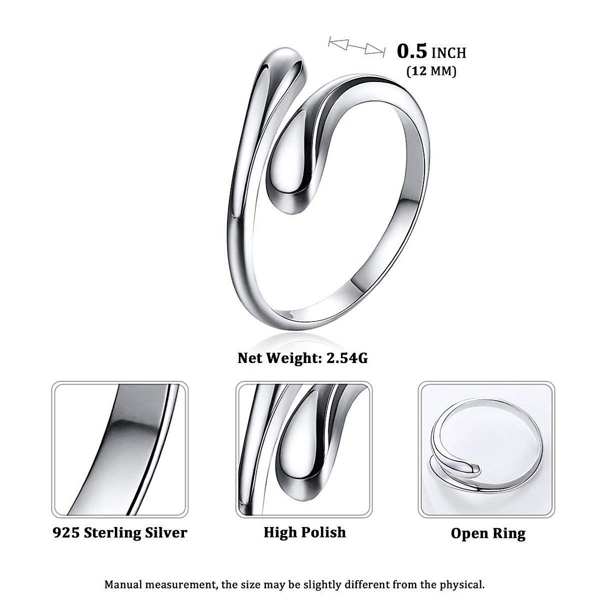 ChicSilver 925 Sterling Silver Rings Minimalist Teardrop Adjustable Rings for Women High Polish Open Ring Eternity Ring