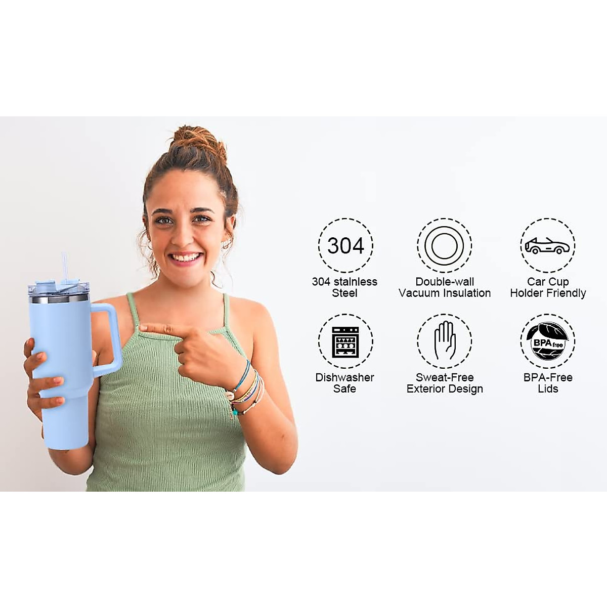 POZOLD 40oz/1200ml Insulated Travel Mug Tumbler with Handle and Straw Lid Insulated Reusable Stainless Steel Water Bottle Travel Mug Iced Coffee Cup Travel Mug for Hot Iced Drink (White)