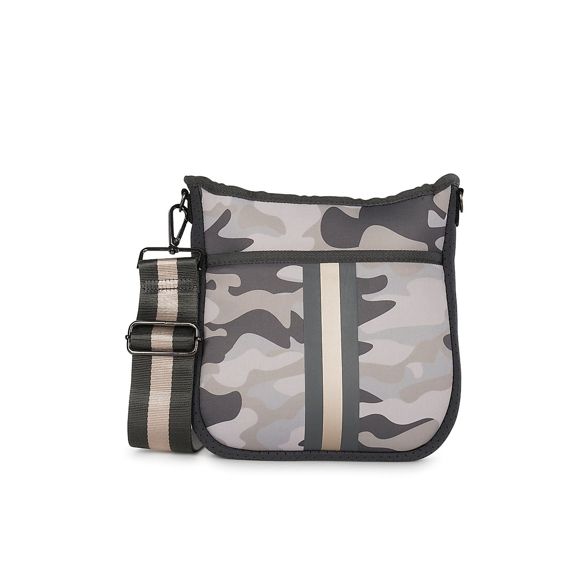 Haute Shore - Jeri Safari Crossbody Tote, Green Camo W/Black & Gold Stripe