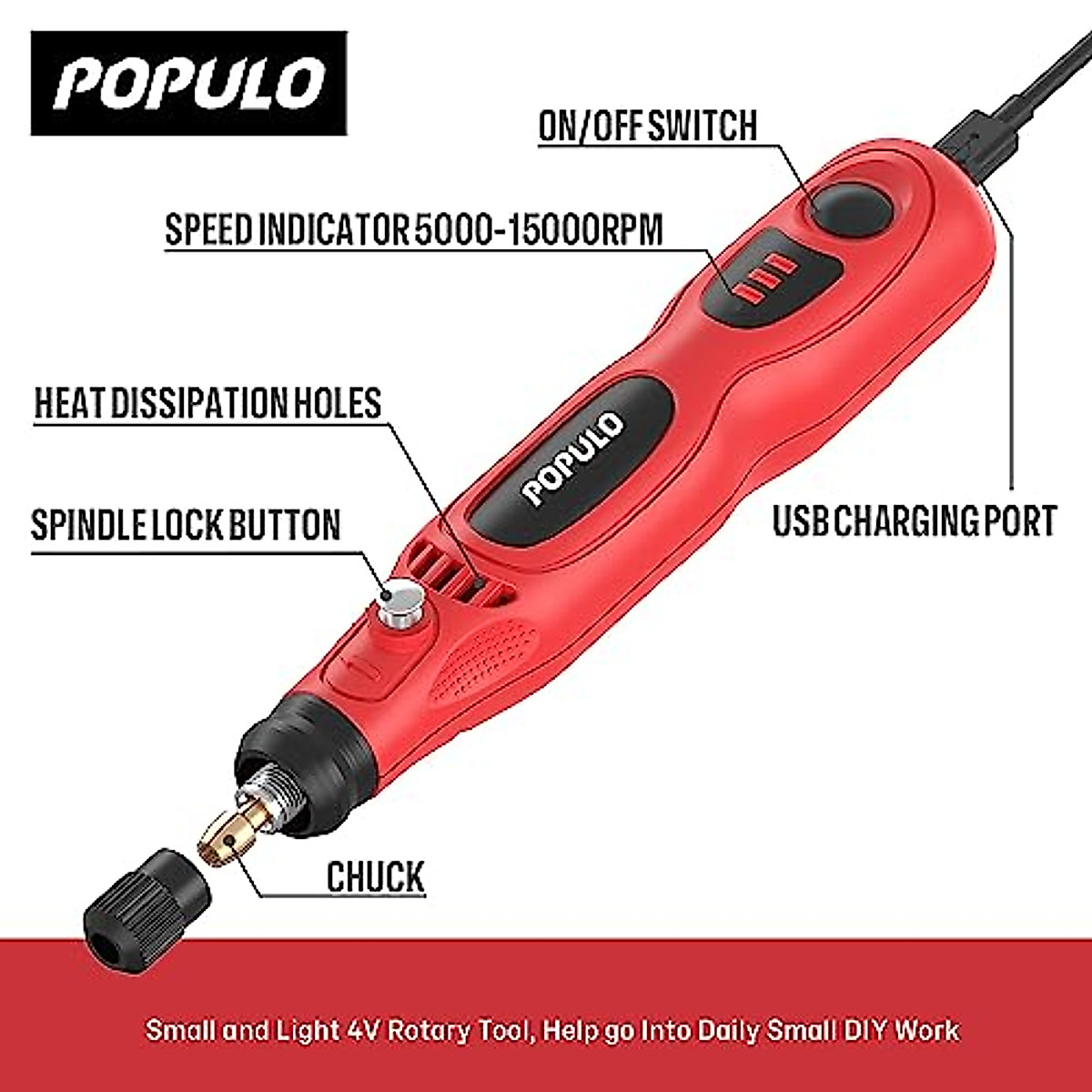 POPULO Mini Cordless Rotary Tool Portable 4V Jewelry Polishing Kit with 46 Pieces Rotary Accessory Kit, Max Speed Load up to15000 RPM,USB Charging,Engraving Pen,Polishing, Grinding, DIY Crafts