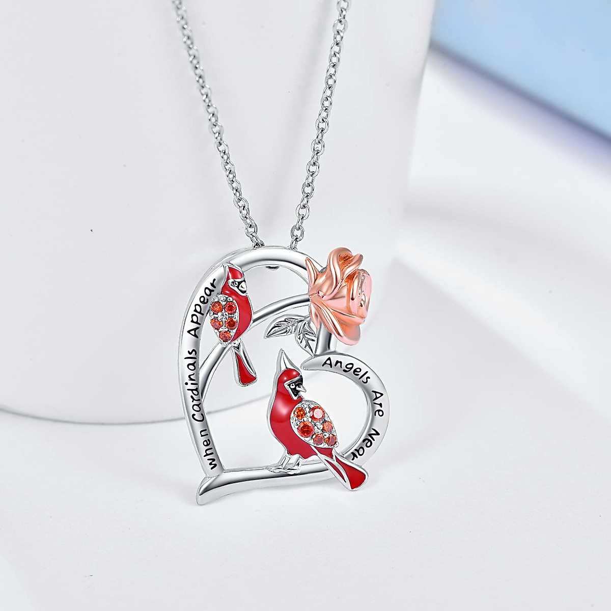 TANGPOET Cardinal Necklace Gifts for Women 925 Sterling Silver Cardinal Pendant Heart Memorial Jewelry When Cardinals Appear Angels Are Near Gifts for Her Birthday Christmas