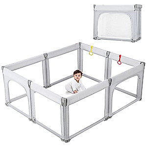 Adjustable Baby Playpen 71''x59'' Play Pens for Babies and Toddlers Foldable Baby Playards with Gate Large Baby Fence Play Area, Light Grey