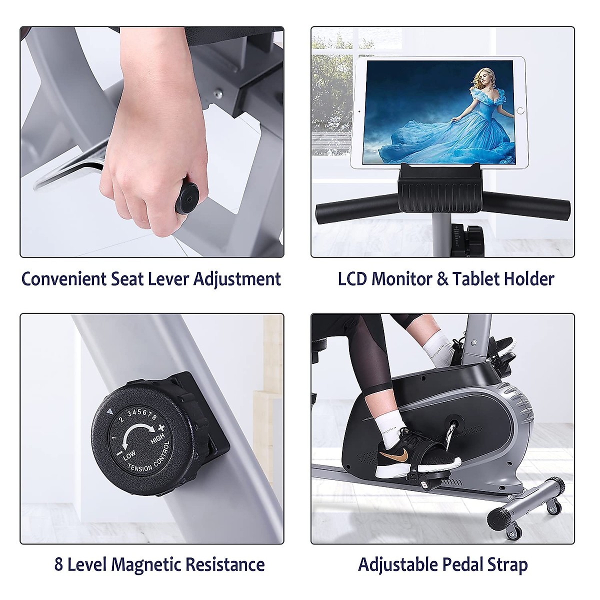 Magnetic Recumbent Exercise Bike Indoor Stationary Bike with Adjustable Cushion Seat and Resistance,Pluse Monitor,Transport Wheels and Tablet Holder for Home Use