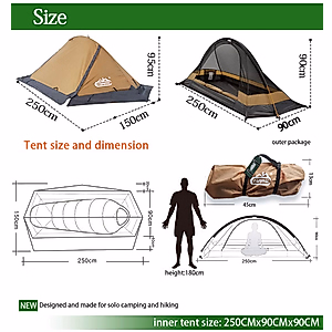 camppal 1 Person Tent Backpacking Camping Hiking Mountain Hunting Tent Lightweight and Waterproof for 4 Season Extreme Space Saving Single Bracket (Khaki-with skirt)