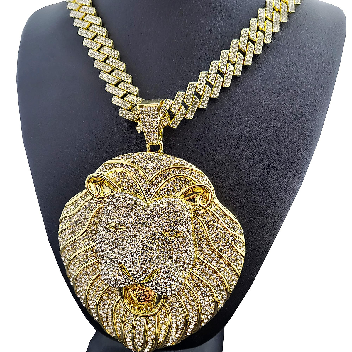 MAXBLING81 FASHION HIP HOP RAPPER STYLE ICED SIMULATED DIAMOND GOLD SILVER PLATED JUMBO LARGE LION HEAD CHARM PENDANT & 14mm 18" 20" 24" ZIG ZAG CUBAN BOX LOCK CHAIN NECKLACE GIFT (24" CHAIN, GOLD)