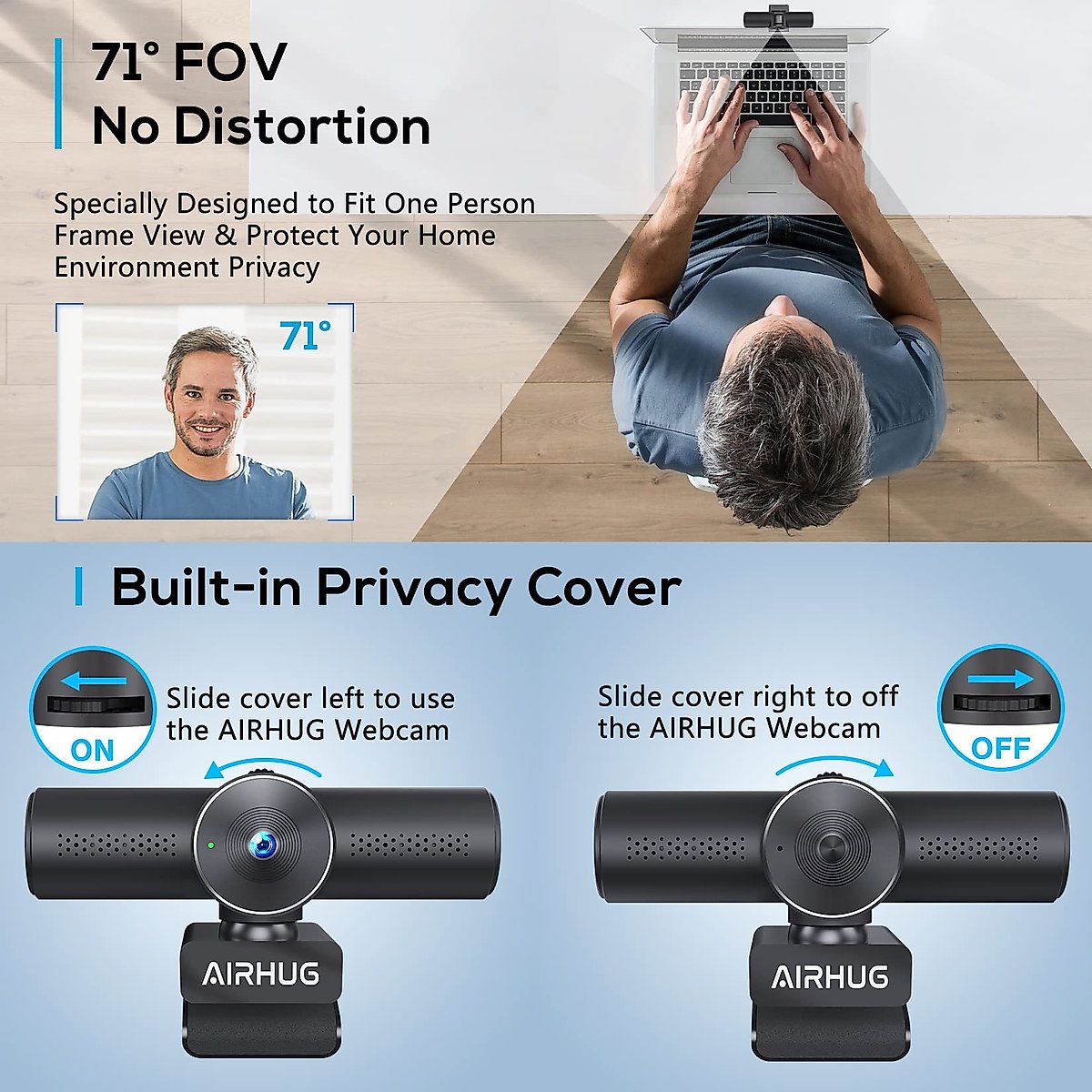 AIRHUG 2K Webcam with Microphones, USB Web Cam for Computer and Laptop Plug & Play, Web Camera with Privacy Cover, 71°,for Streaming and Conferencing