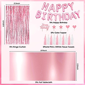 Pink Birthday Party Decorations, Happy Birthday Banner Tablecloth Cake Toppers Fringe Curtain Tassels Pink and White Confetti Foil Balloons for Girls Women Wedding Baby Shower Party Supplies