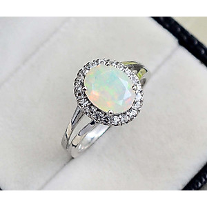 Natural 10X8 MM Welo Ethiopian Opal Cut Gemstone Oval Shape October Birthstone 925 Sterling Silver Solitaire Ring For Bridal Gift (Rhodium Plated Silver, 8)