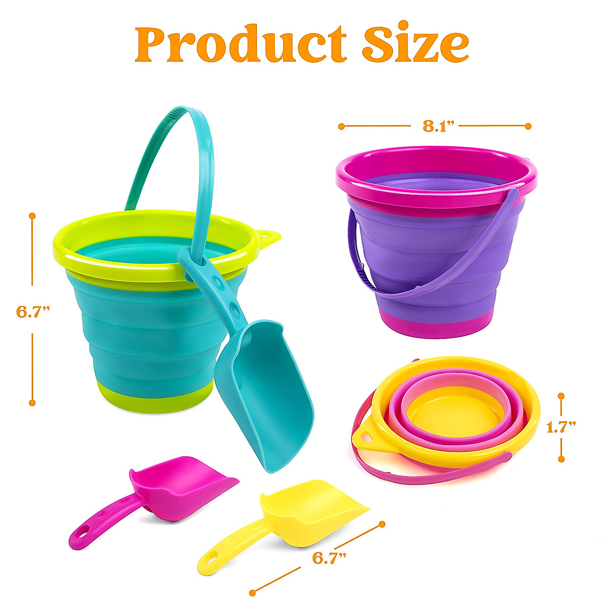 JOYIN Foldable Beach Bucket Set - 3 Packs Collapsible Toy Buckets with Shovels and Mesh Backpack for Kids Toddlers Party, Camping Gear, Travelling, Fishing Water Pail (Pink/Purple/Green)