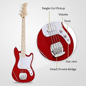 Ktaxon 4 String Electric Bass Guitar, Beginner Electric Bass Guitars Kit with Gig Bag, Shoulder Strap & Cable, Accessories, 42.5" Single-Coil Pickup Bass Guitars W/Fixed Bridge (Red)