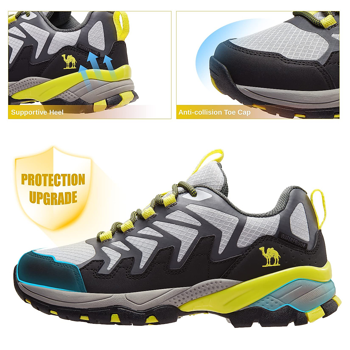 CAMELSPORTS Women's Hiking Shoes Waterproof Lightweight Trail Running Shoes Non-Slip Breathable Outdoor Sneakers for Trekking Walking Grey/Yellow