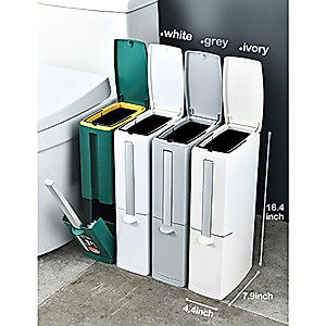 COMODID Slim Plastic Trash Can 1.3 Gallon, Trash can with Toilet Brush Holder for RV, 5 Liter Garbage Can with Press Top Lid, White Rectangular Modern Waste Can for Bathroom, Ivory