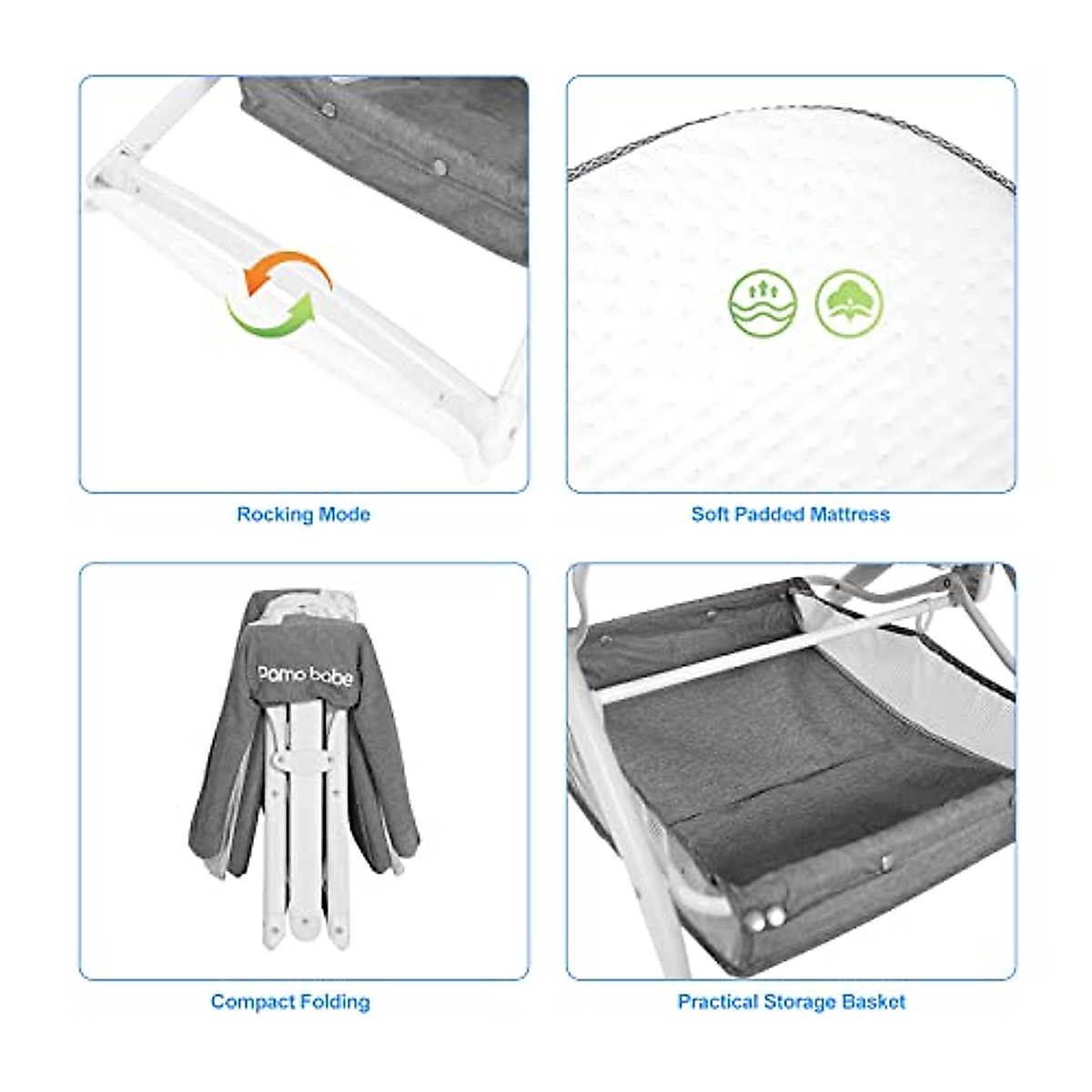 Pamo Babe 2in1 Bassinet Quick Foldable Travel Crib Portable Rocking Bassinet（Grey）