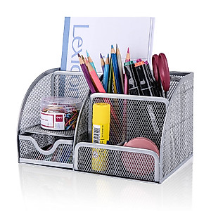Desk Organizer Office Accessories, Multi-Functional Mesh Desk Organizer with 6 Compartments and 1 Drawer for Home, Office, School, Workshop, kitchen (Silver)