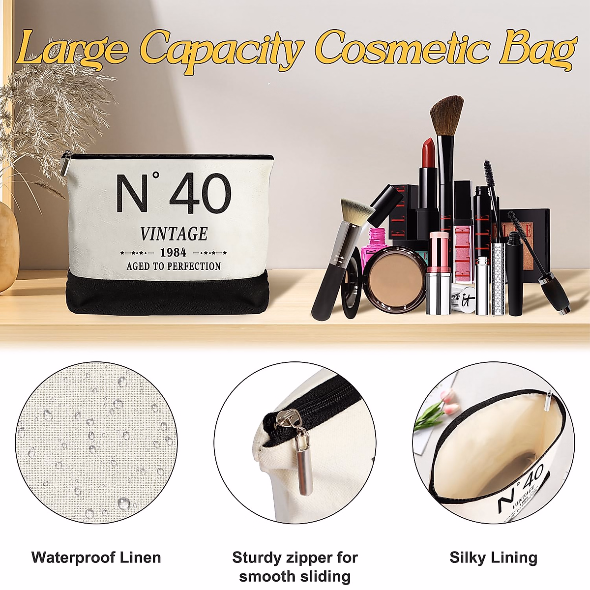 40th Birthday Gifts for Women Canvas Tote Bag Travel Gear, Unique 40 Years Old Birthday Gifts for Her Mom Wife Aunt Friends Turning 40, Vintage N40 Beach Bag & Cosmetic Bag & Back in 1984 Poster