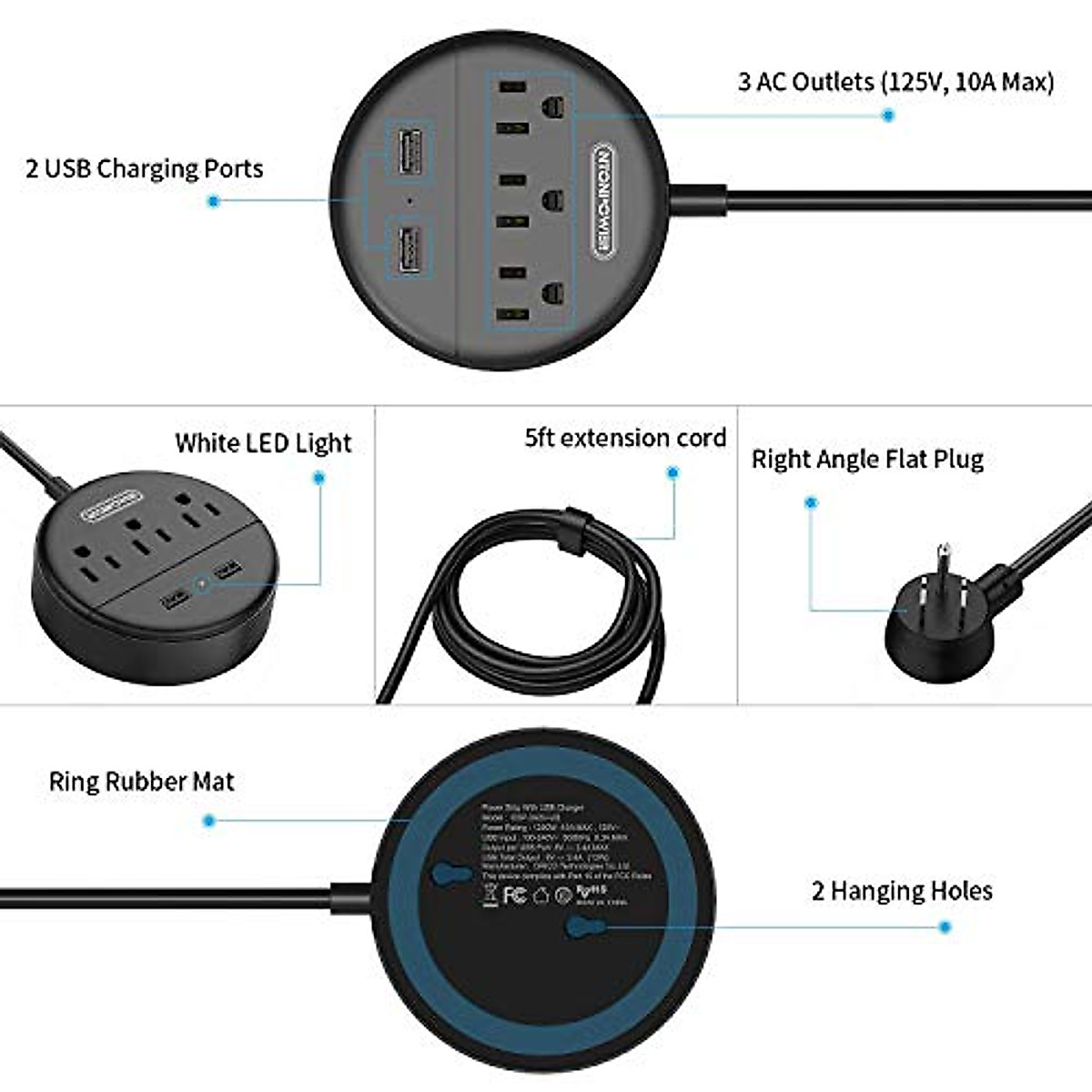 NTONPOWER Travel Power Strip with USB Bundle, 3 Outlet Flat Plug Power Strip and 2 Outlet Small Power Strip Extension Cord, Compact Charging Station for Cruise Ship, Nightstand, Home and Office, Black